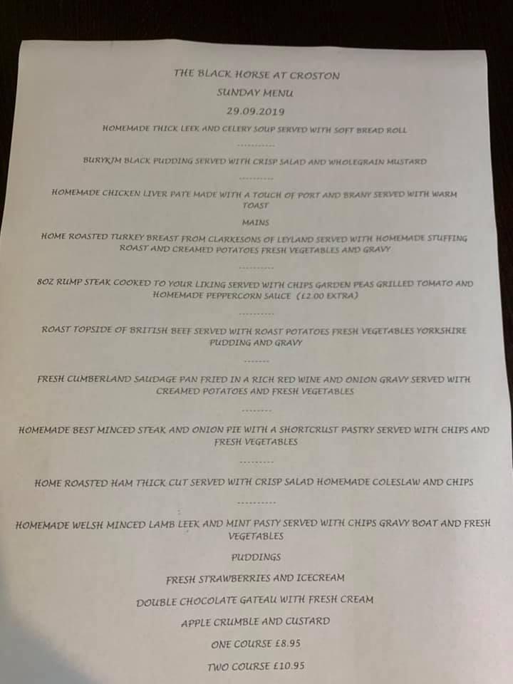 Menu at The Black Horse pub & bar, Leyland