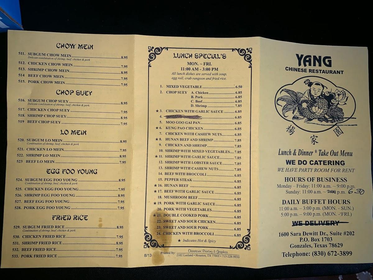 Menu at Yang Chinese Restaurant, Gonzales