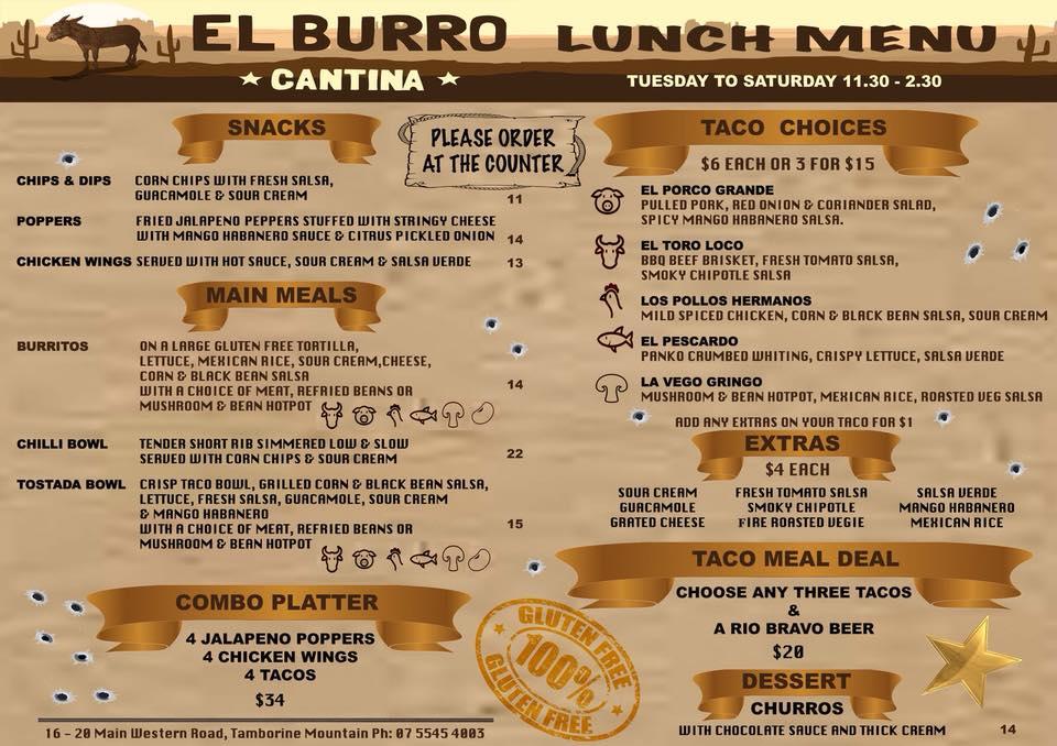Menu at El Burro Cantina restaurant, Tamborine Mountain