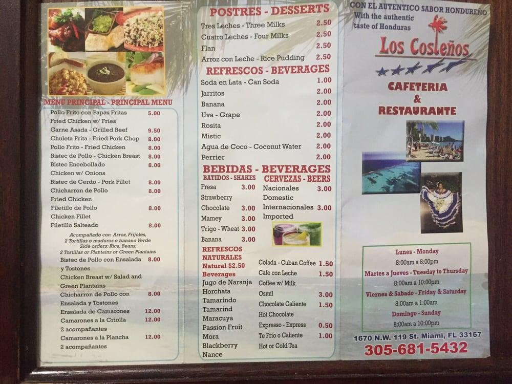 Menu at Los Costenos Cafeteria & Restaurant, Miami, NW 119th St