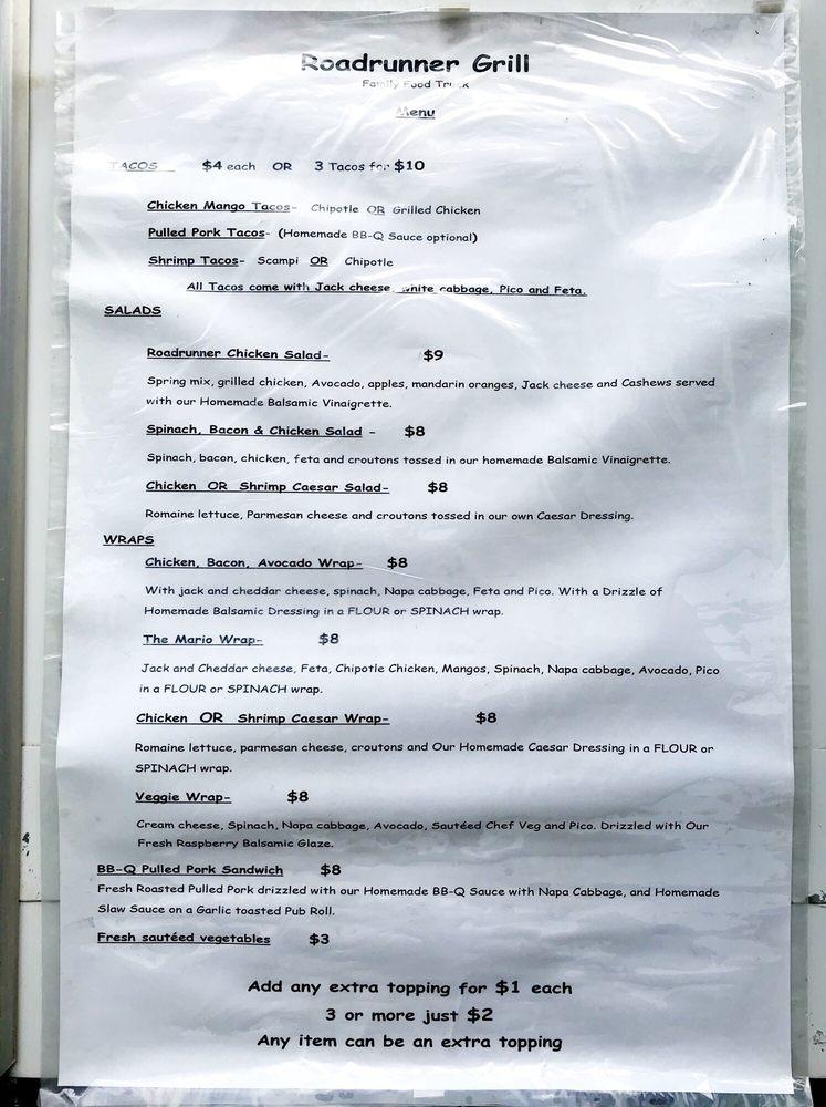 Menu at ROADRUNNER GRILL restaurant, Cottonwood