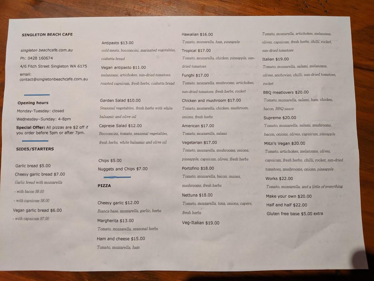 Menu at Singleton Beach Cafe, Singleton