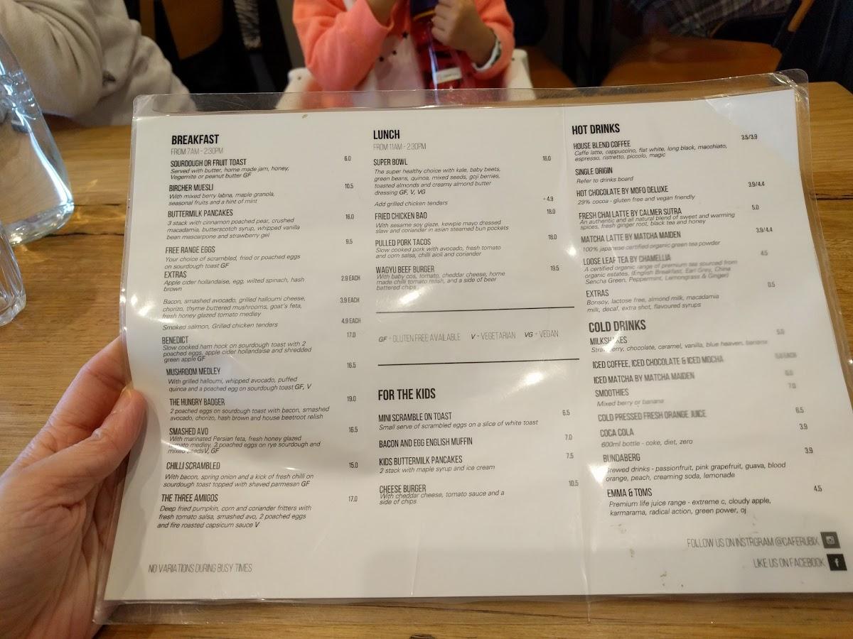 Menu at Cafe Rubix, Box Hill North