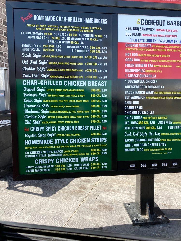 Menu at Cook Out restaurant, Birmingham, 301 24th St S