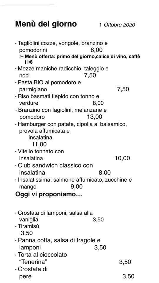 Menu at L'Intermezzo cafe, Padua