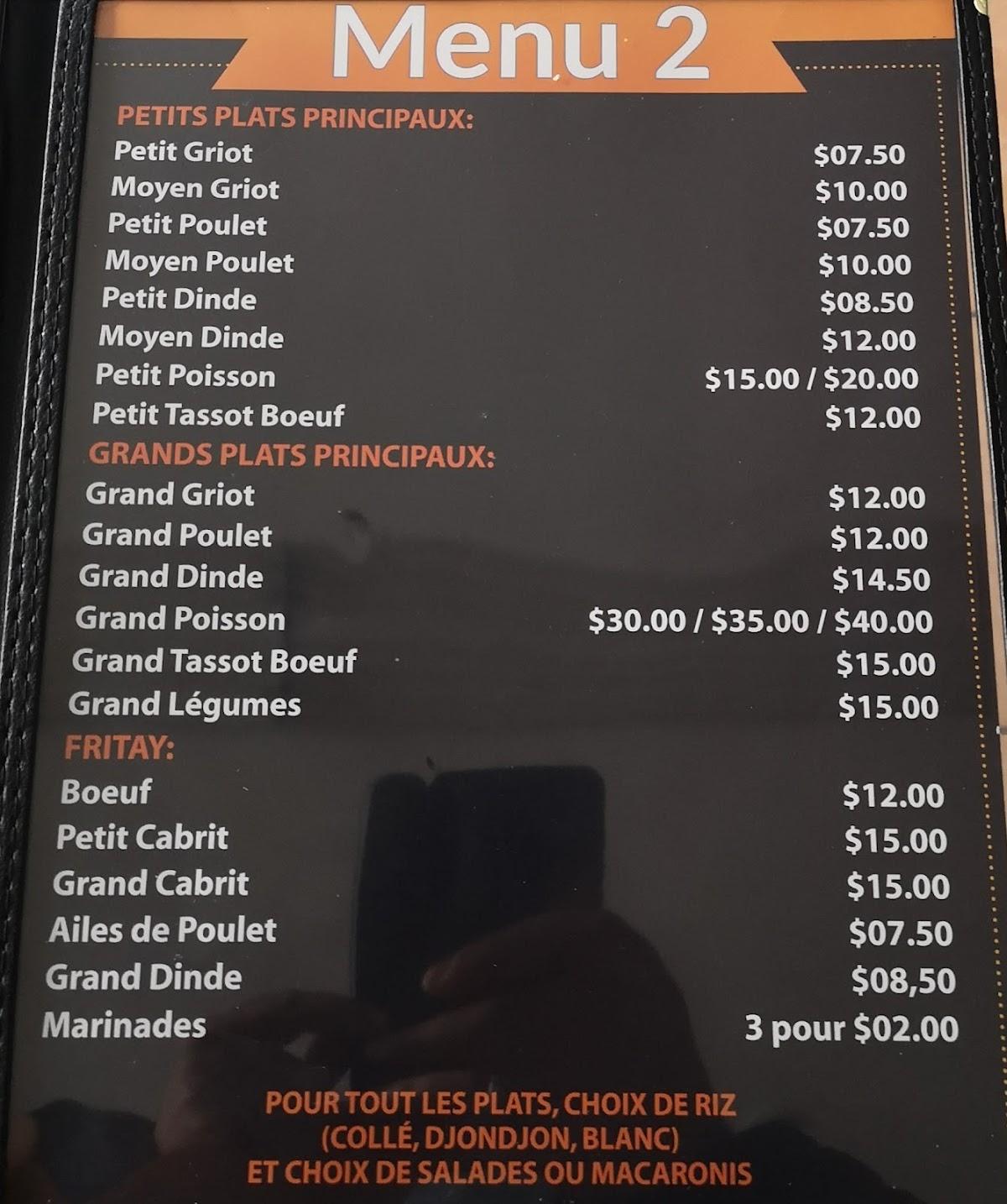 Carta del restaurante La Belle Creole, Montréal