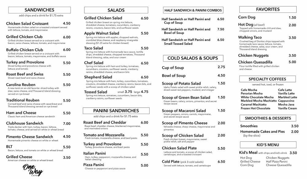Menu at One Way Cafe, Eden
