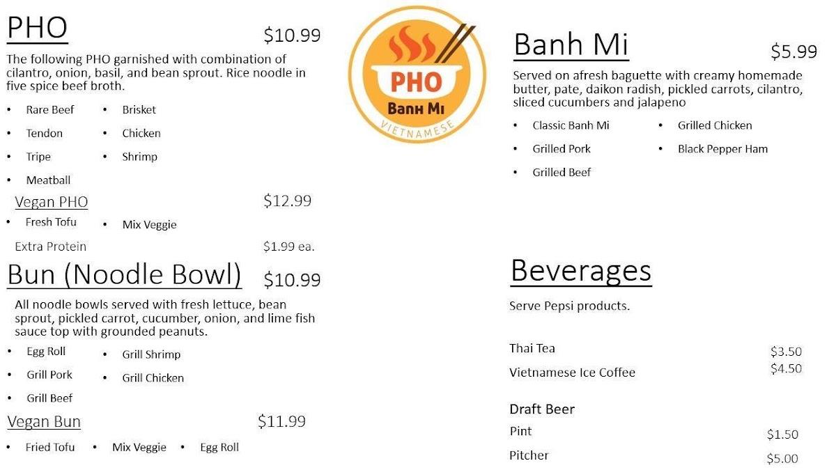 Menu at PHO Bahn Mi restaurant, Saint Charles