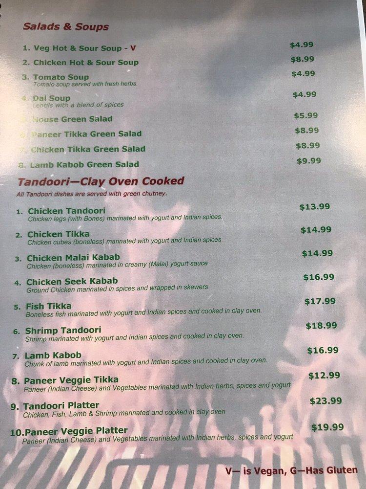 Menu at Sattva Indian restaurant, Aliso Viejo
