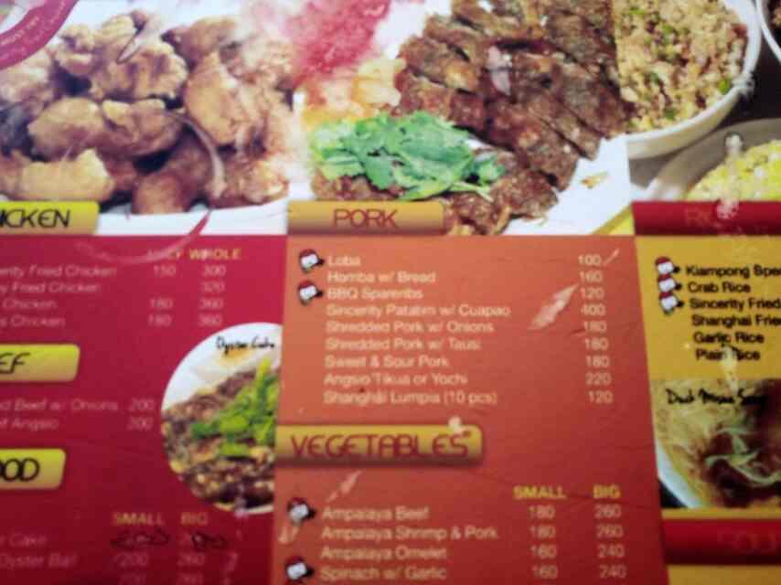 Menu at Sincerity Restaurant, Manila, 519 Quintin Paredes Rd