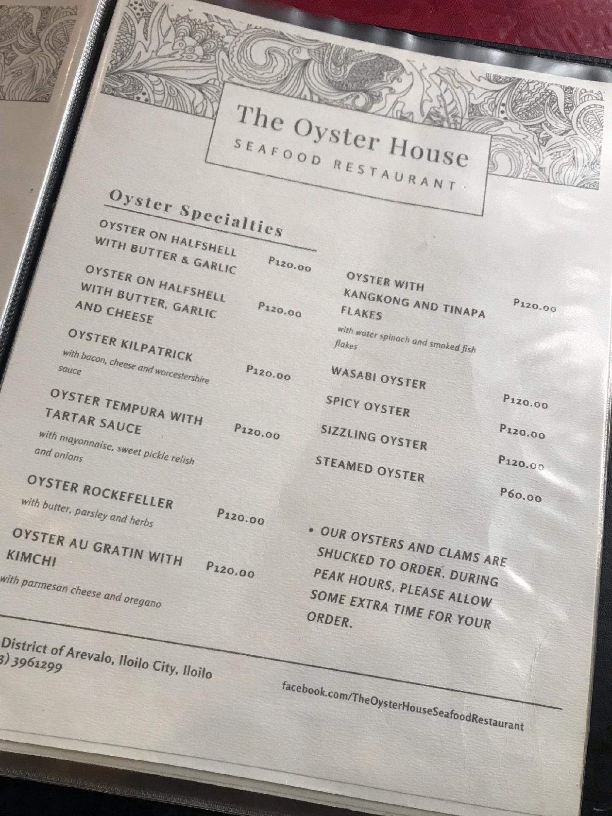 Menu at The Oyster House restaurant, Iloilo City