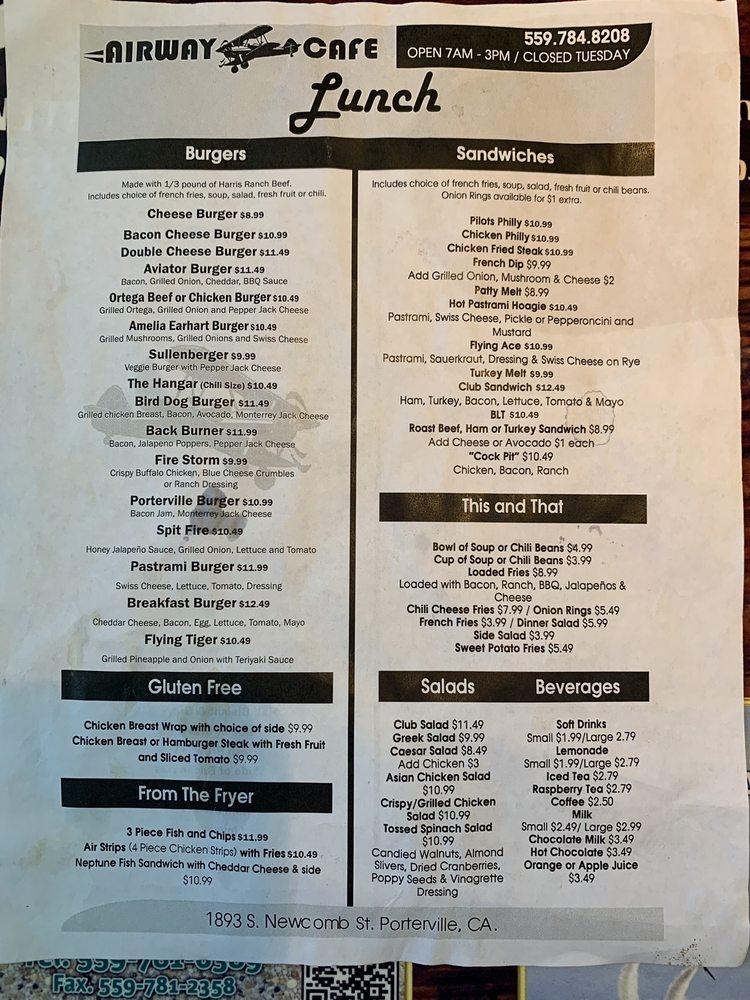 Menu at Airway Cafe, Porterville