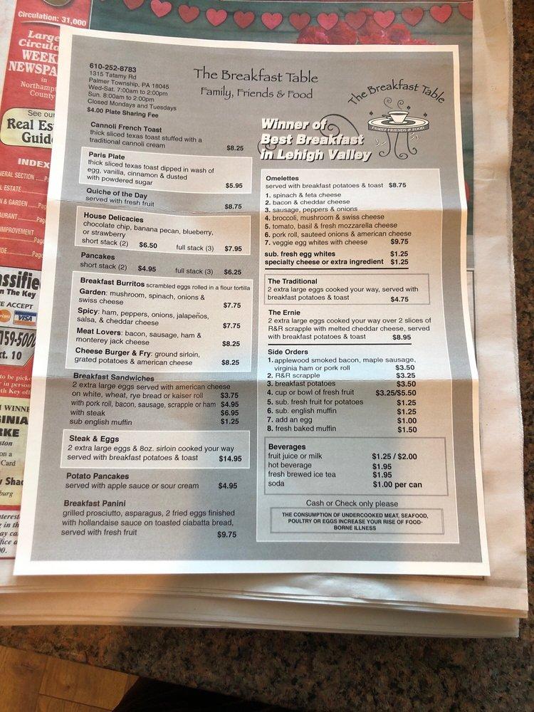 Menu at Breakfast Table restaurant, Easton