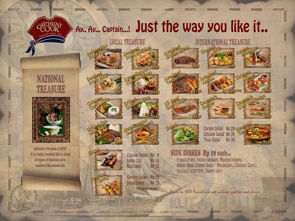 Menu at Captain's Cook Bali restaurant, Kuta