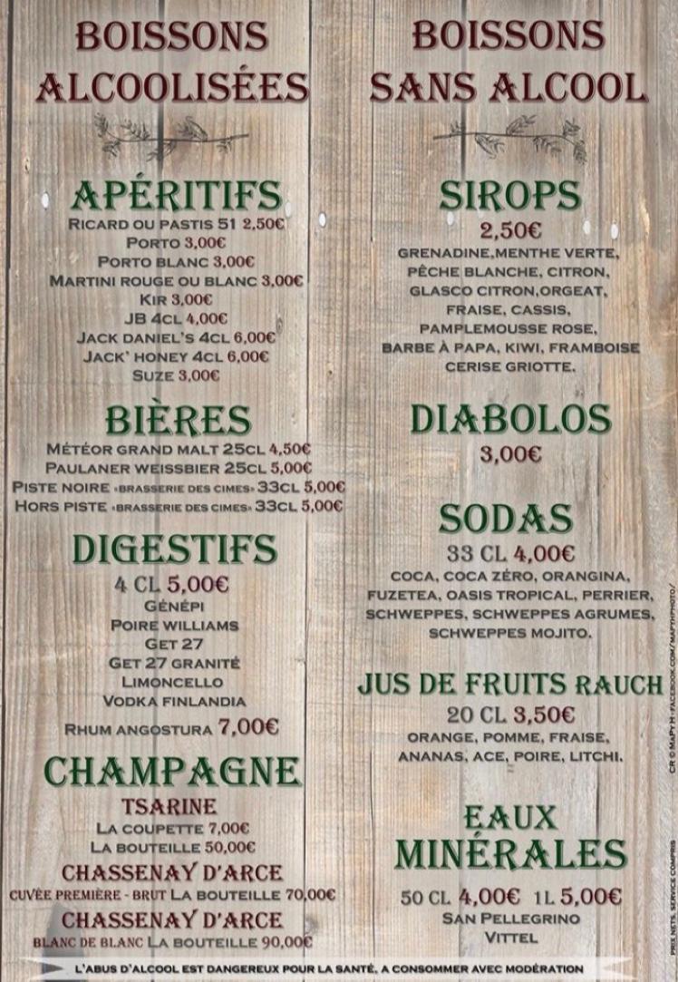 Menu at Chez Francis restaurant, Orcières