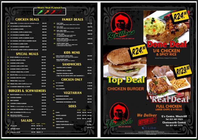 Menu at Barcelos, Durban, Florence Nightingale Drive