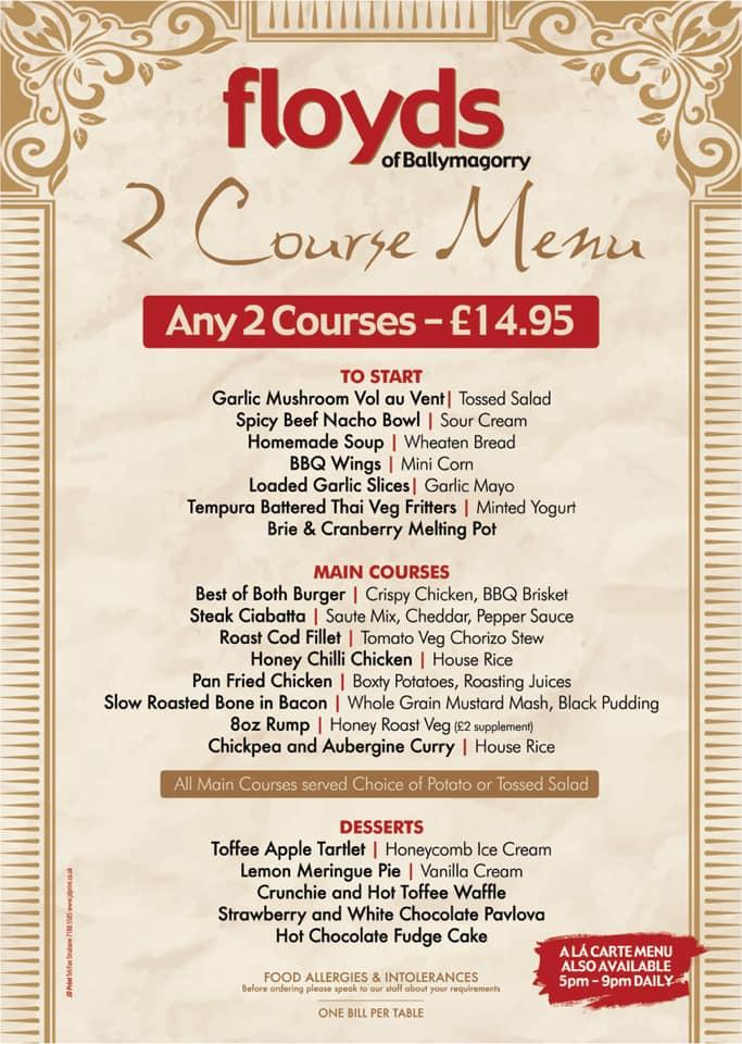 Menu at Floyds restaurant, Strabane