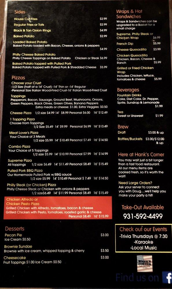 Menu at Hank's Corner Grille pub & bar, Tracy City