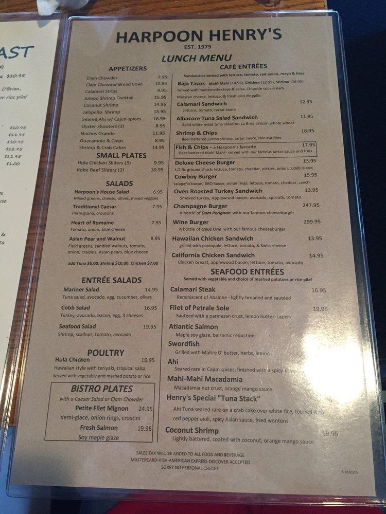Menu at Harpoon Henry's Seafood Restaurant, Dana Point