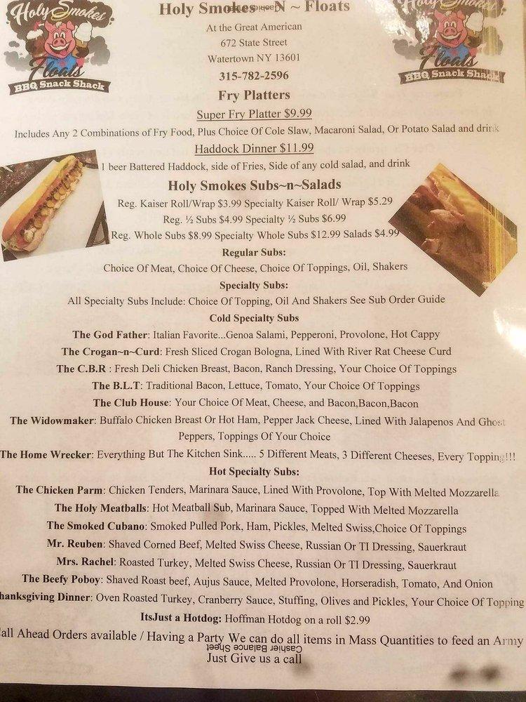 Menu at Holy Smokes Bourbon and BBQ, Watertown