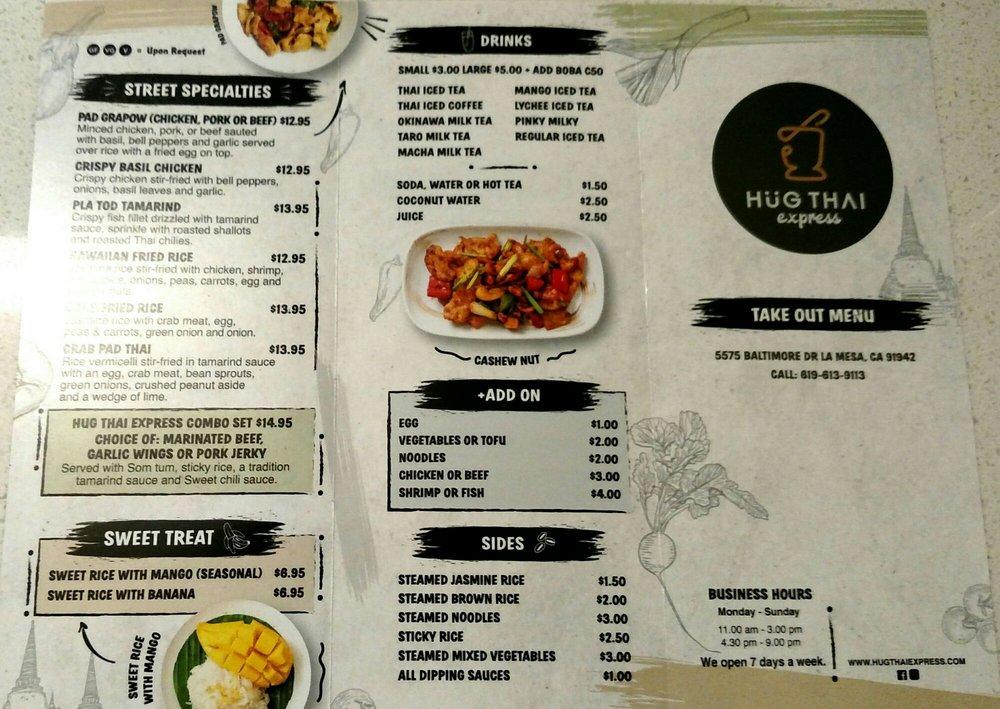 Menu at Hug Thai Express restaurant, La Mesa
