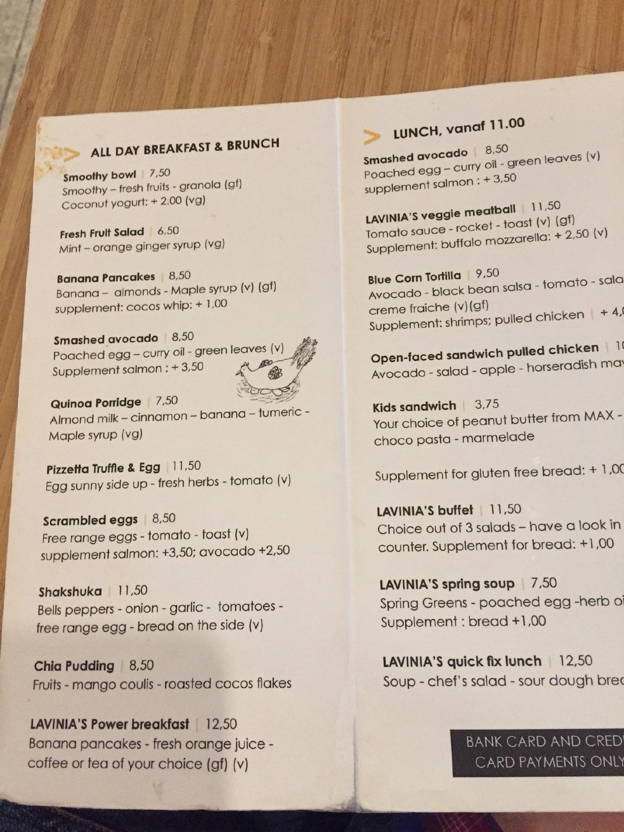 Menu at Lavinia Good Food, Amsterdam, Kerkstraat 176