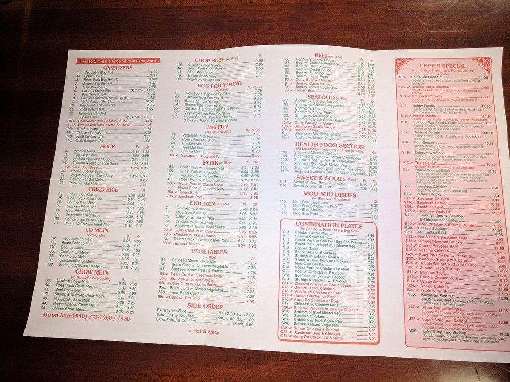 Carta de Moon Star Chinese Restaurant, Fredericksburg