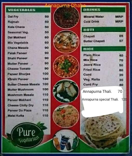 Menu at New Annapurna Dhaba and guest house, Varanasi