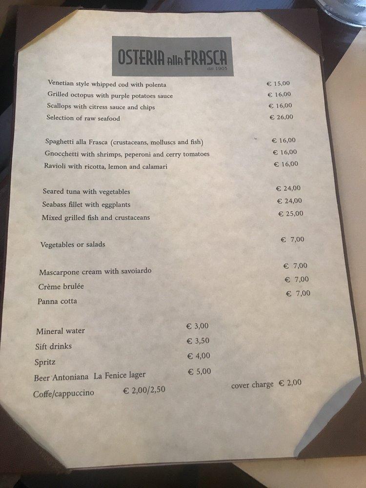 Menu at Osteria Alla Frasca restaurant, Venice, Corte de la Carità