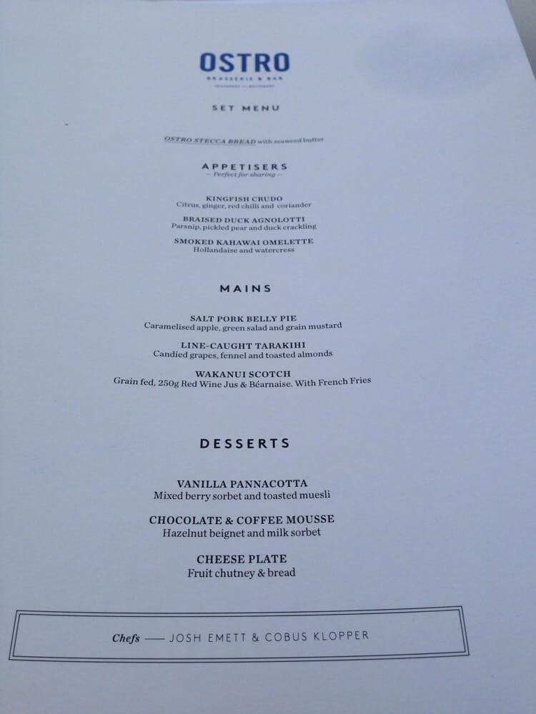 Menu at Ostro Brasserie & Bar, Auckland, 52 Tyler St