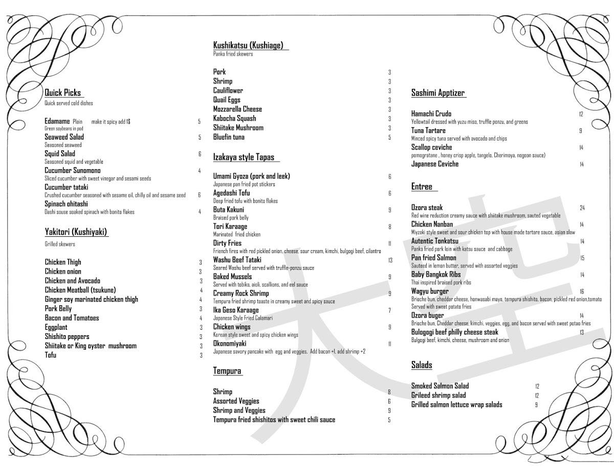 Menu at Ozora Izakaya Japanese Bar and Tapas - Downtown Salt Lake City ...