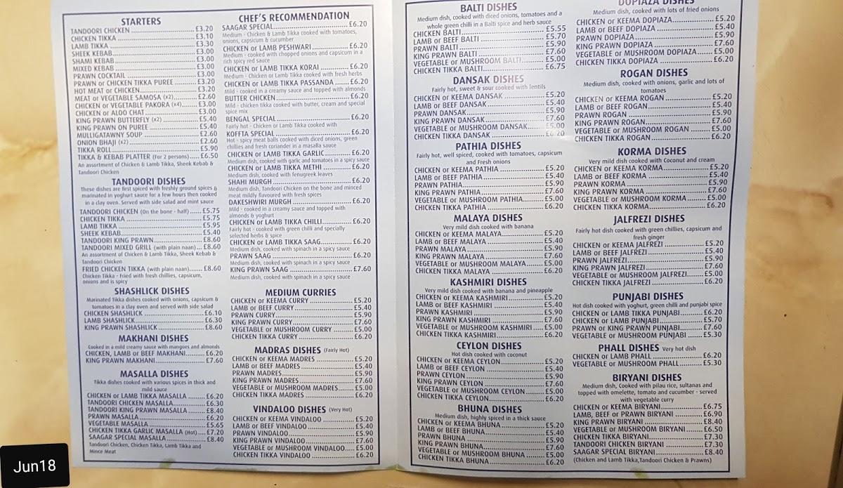 Menu at Saagar Indian Takeaway fast food, Grantham