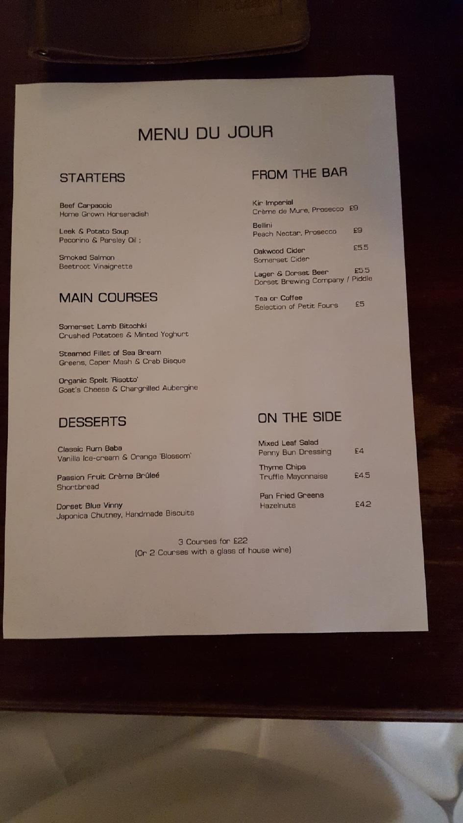 Menu at The Green restaurant, Sherborne