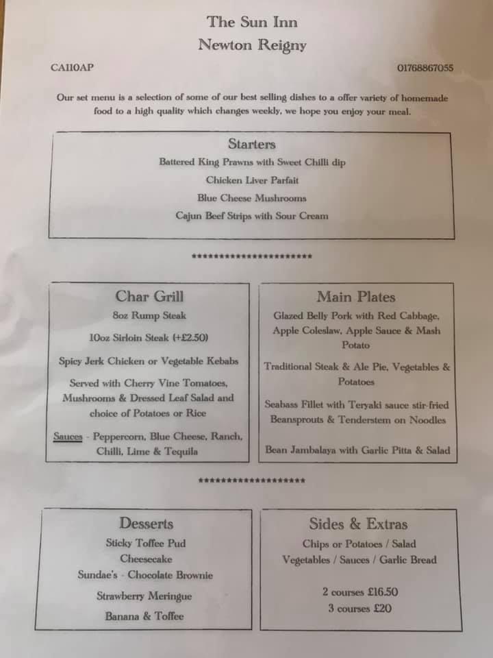 Menu at The Sun Inn pub & bar, Penrith