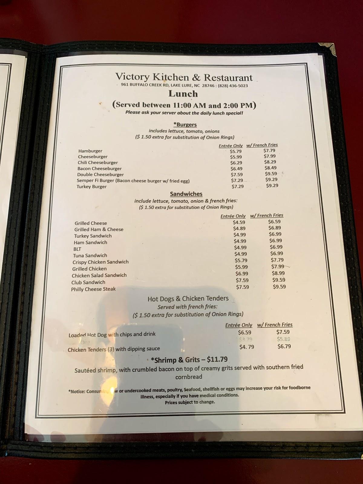 Menu at Victory Kitchen restaurant, Lake Lure