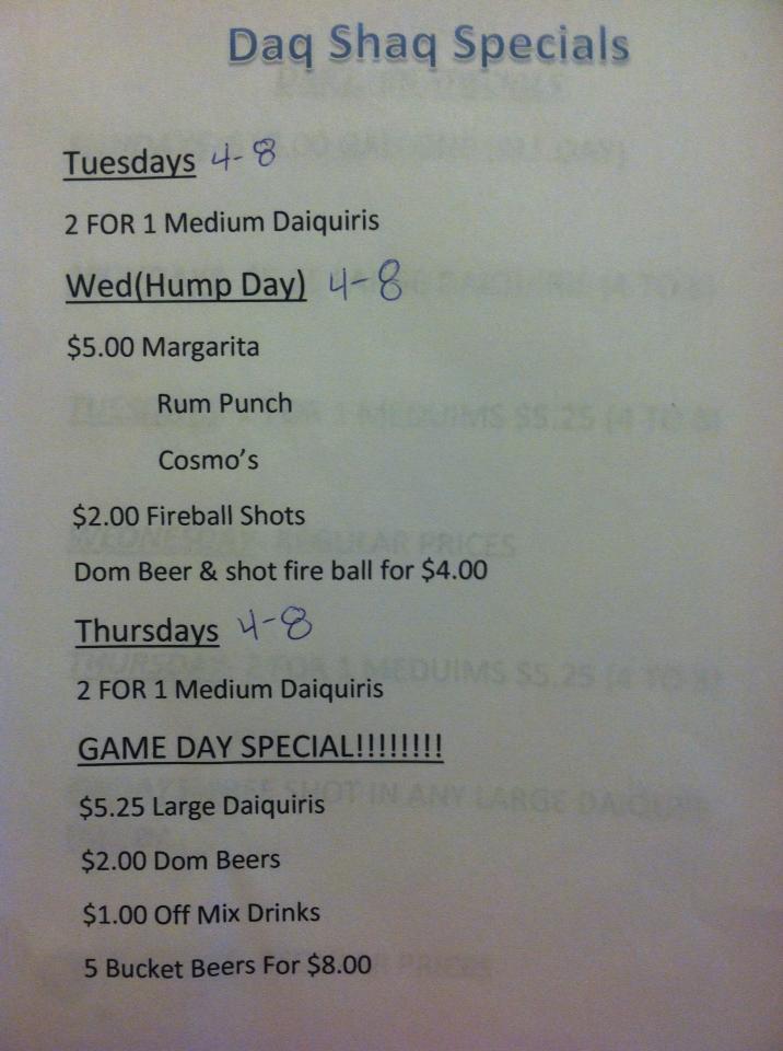 Menu at Daq Shaq pub & bar, Arabi