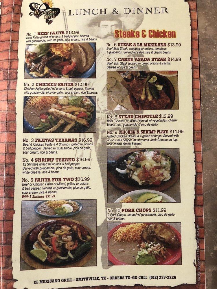 Menu at El Mexicano Grill restaurant, Smithville, N W Loop 230
