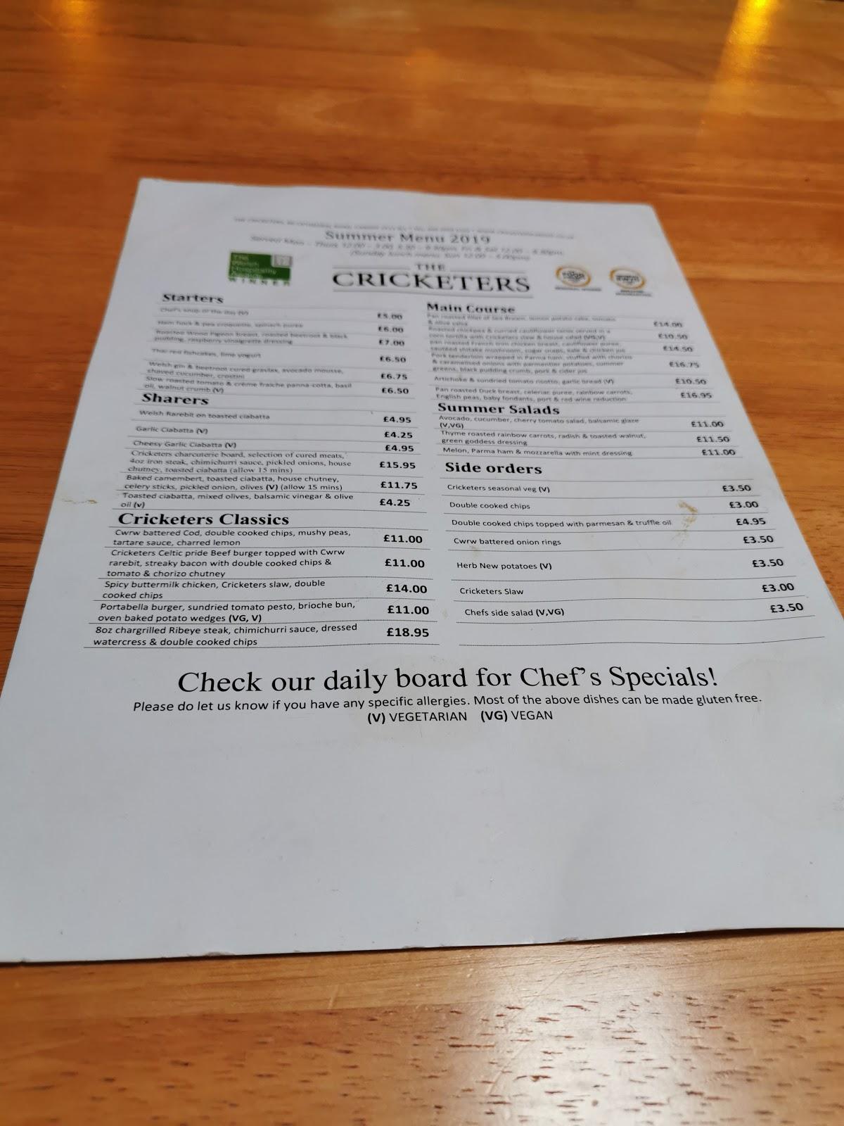 Menu at The Cricketers pub & bar, Cardiff