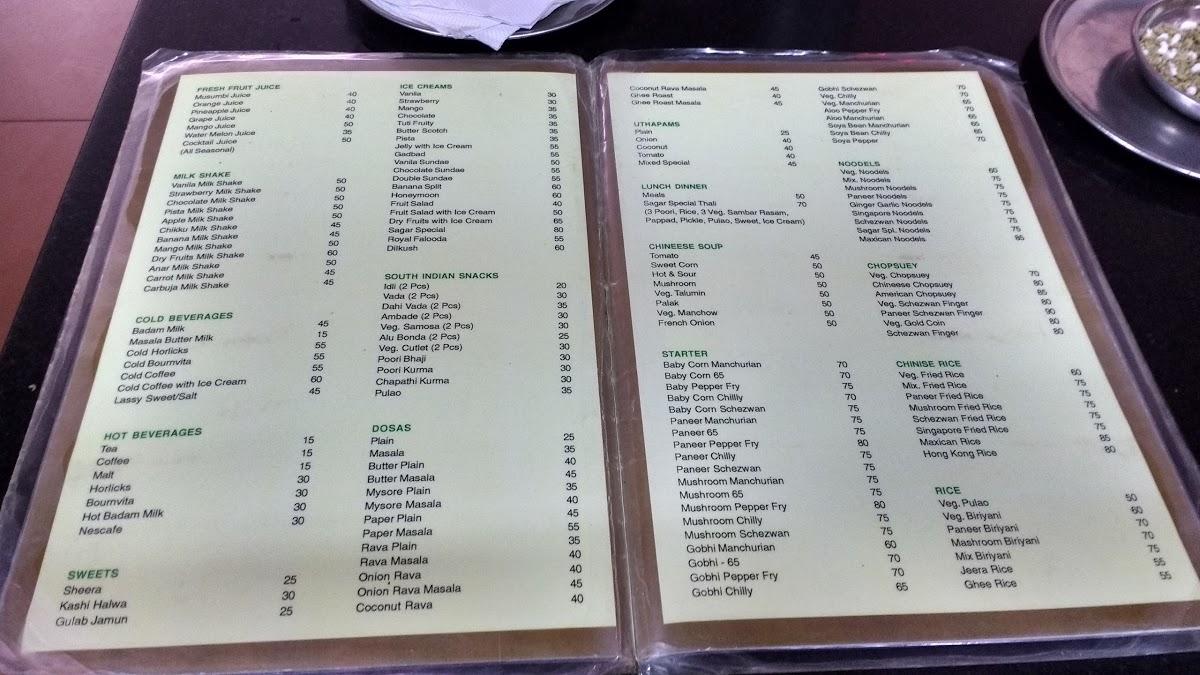 Menu at Hotel Sagar, India, 1st Floor