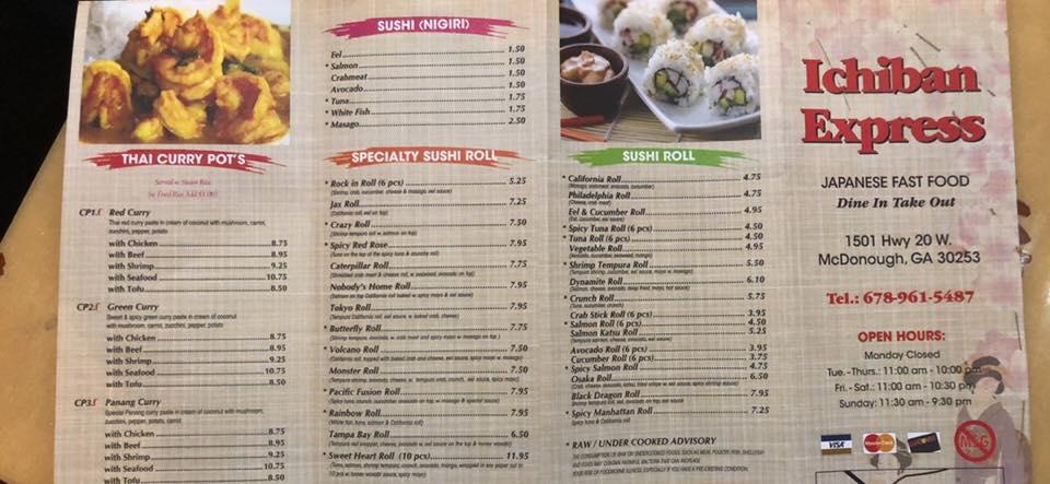 Menu at Ichiban Express restaurant, McDonough