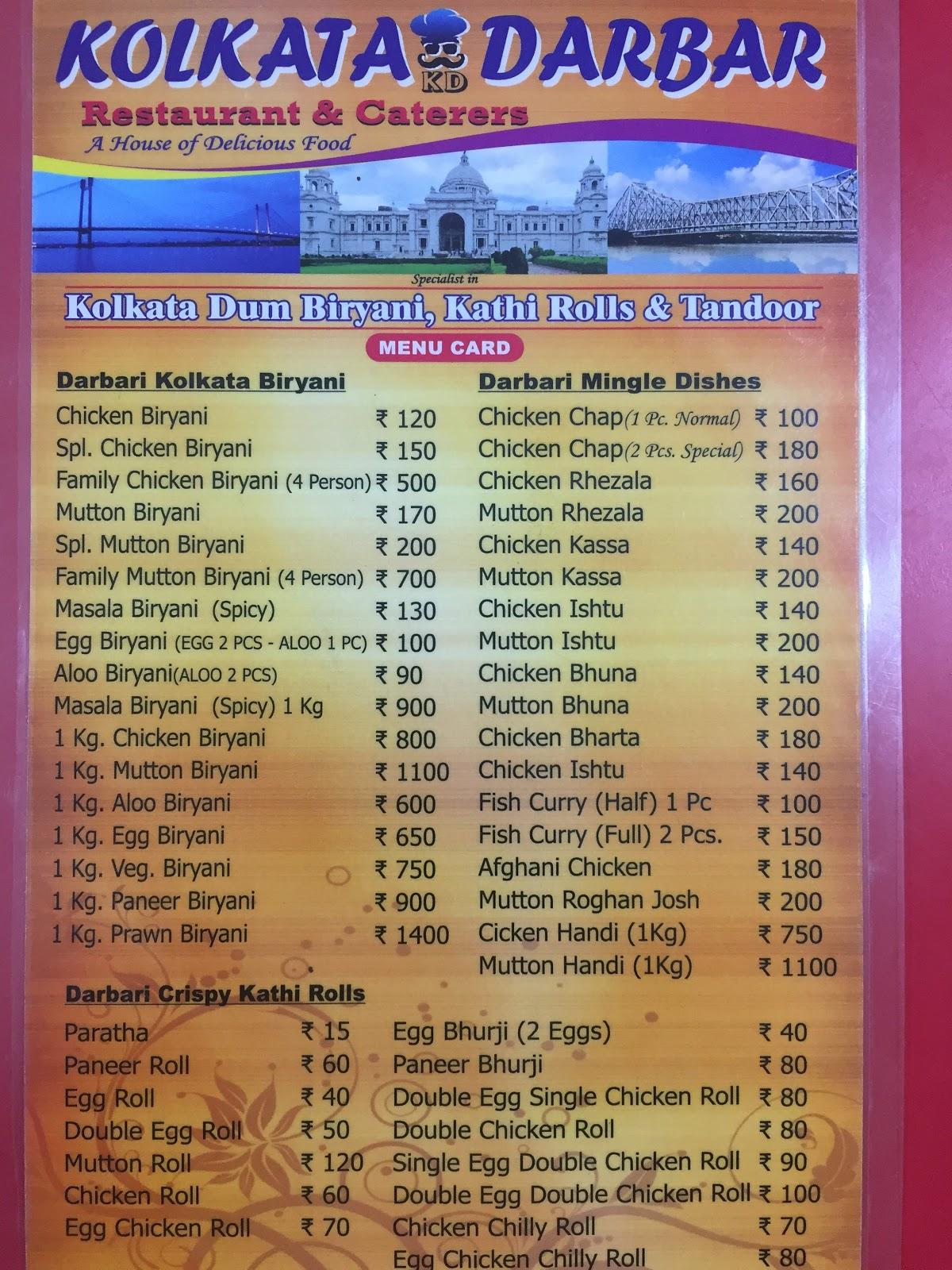 Menu at Kolkata Darbar, Pune, L/B M G Market