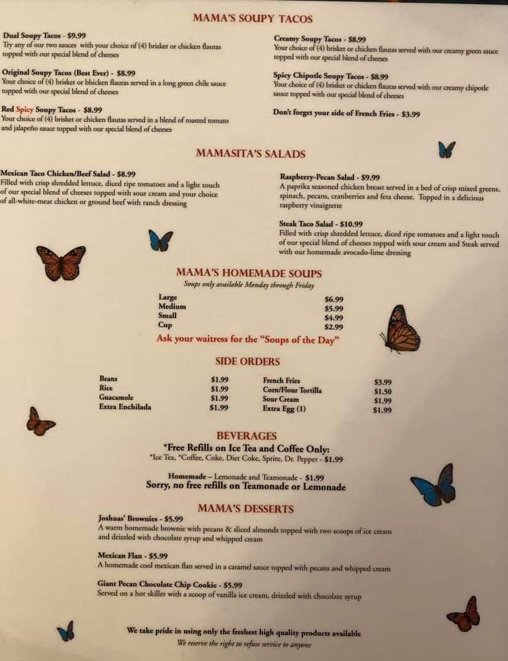 Menu at Mama's Mexican Restaurant, El Paso