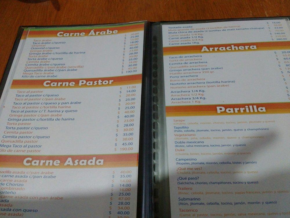 Menu at Mega Taco restaurant, Puebla City, Av. las Margaritas 518 y 512
