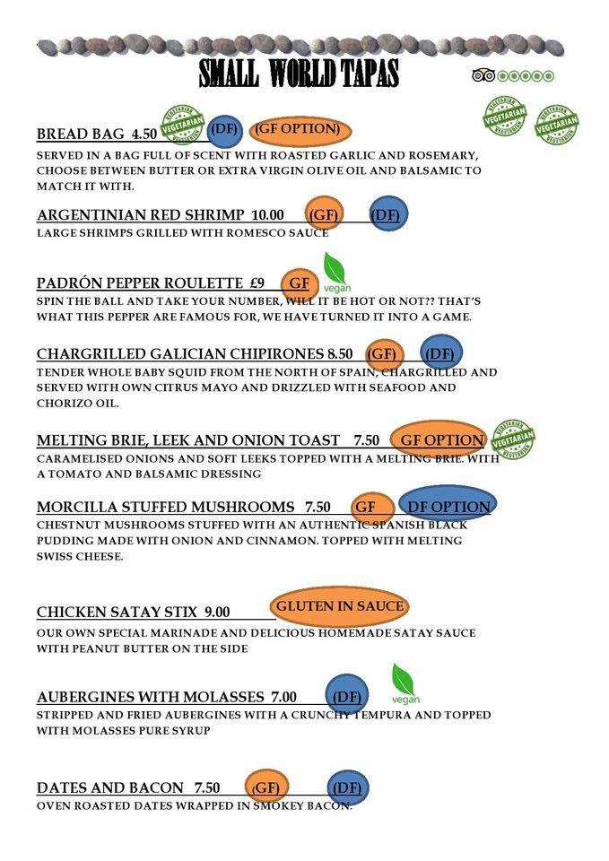 Menu at Small World Restaurant and Tapas Bar, Torquay