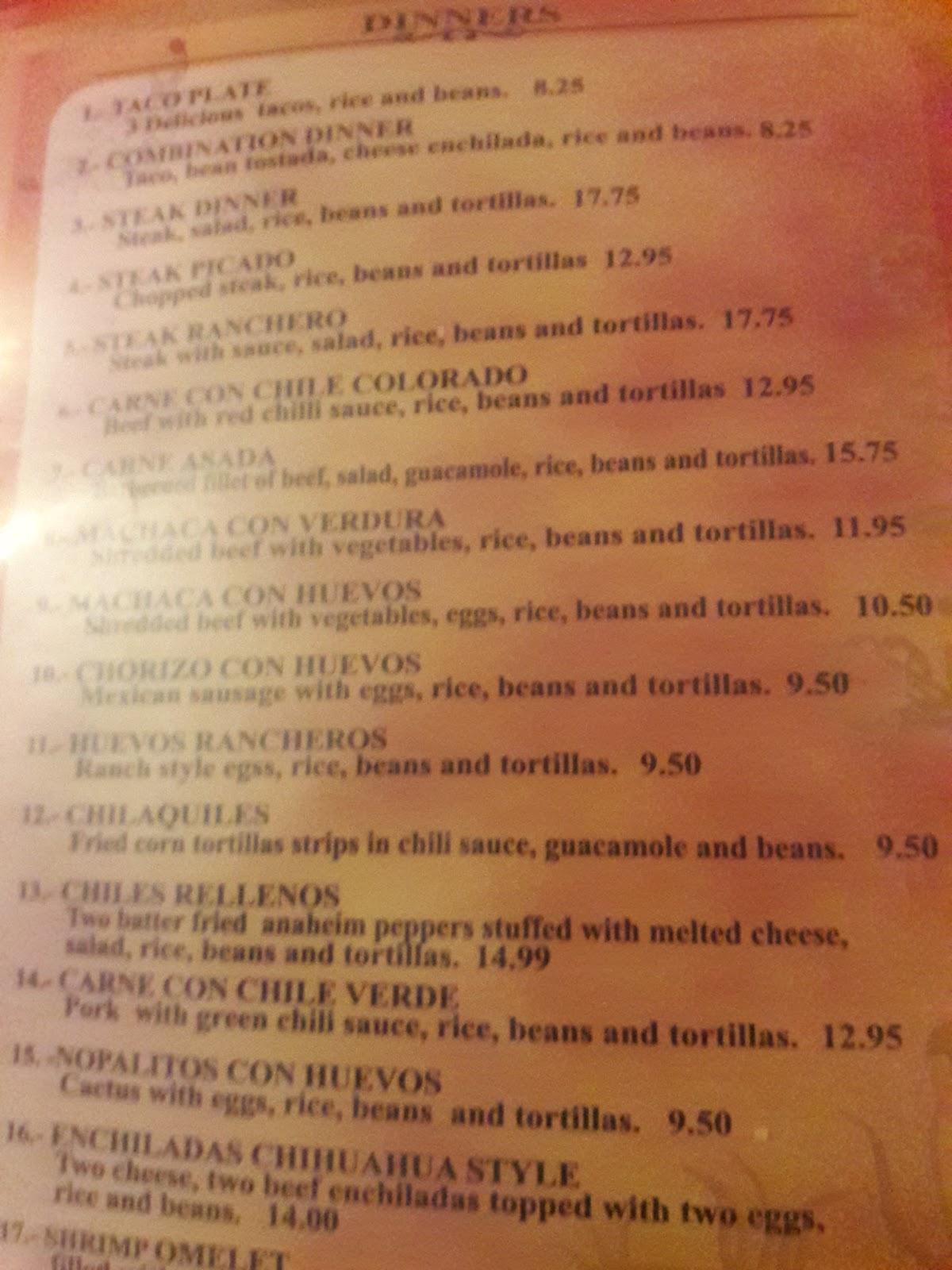 Menu at Sobe's restaurant, El Centro