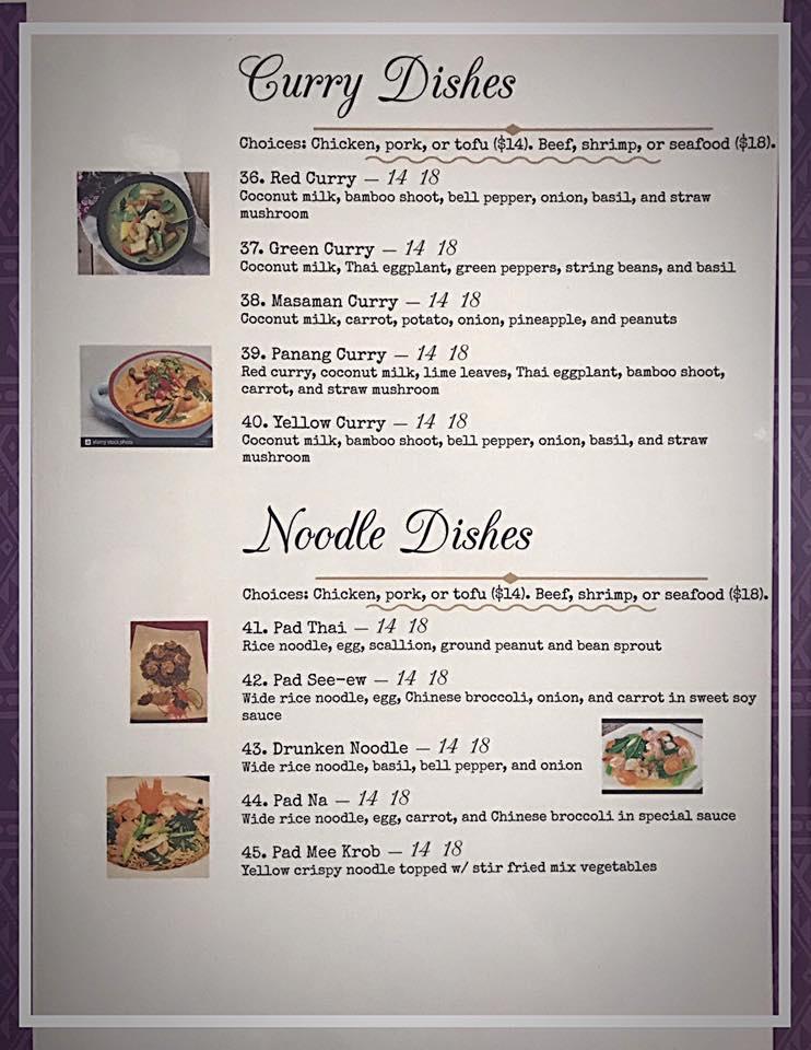 Menu at Thai Rainbow restaurant, Middle River