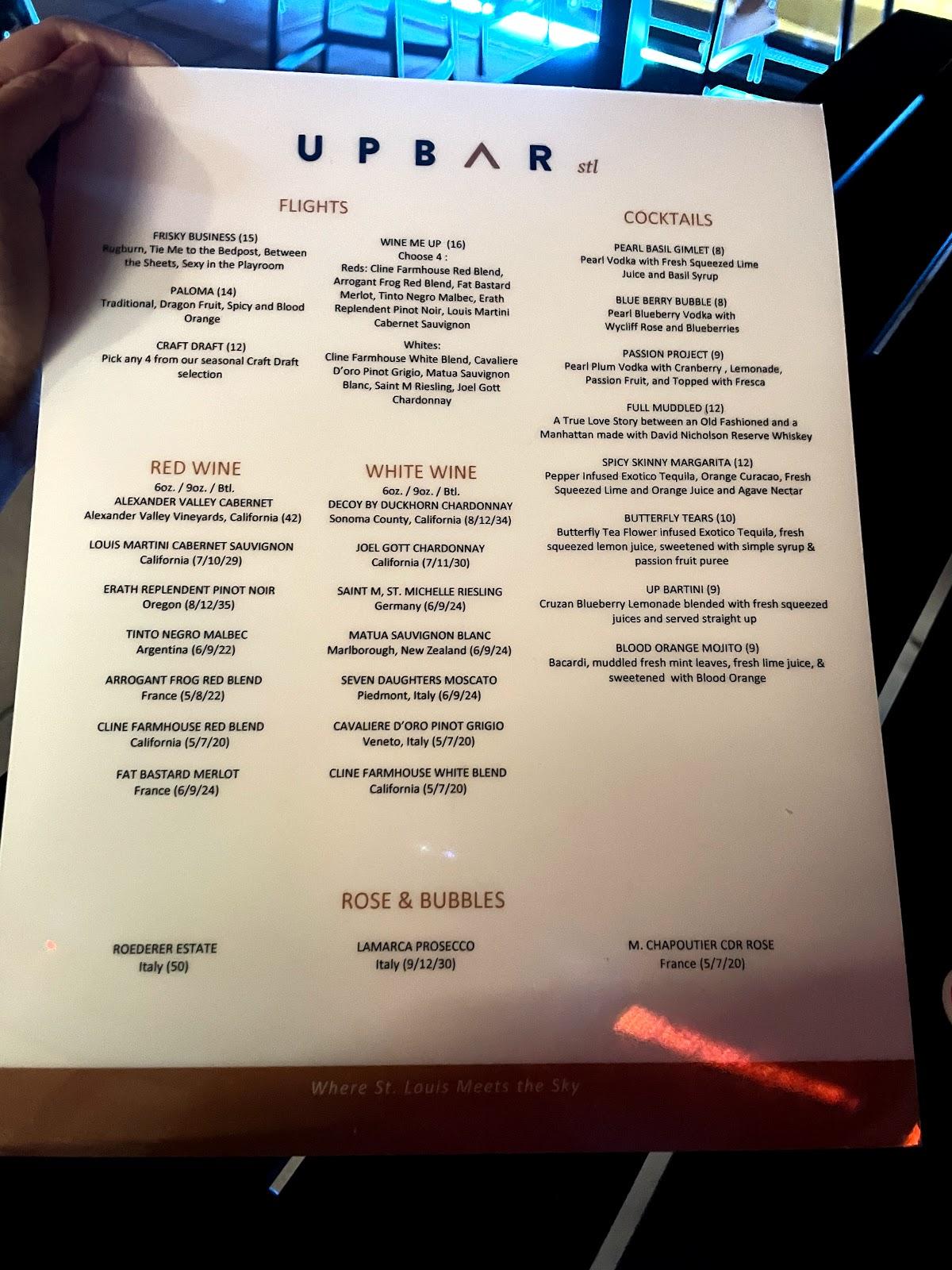 Menu at UPBAR, St. Louis