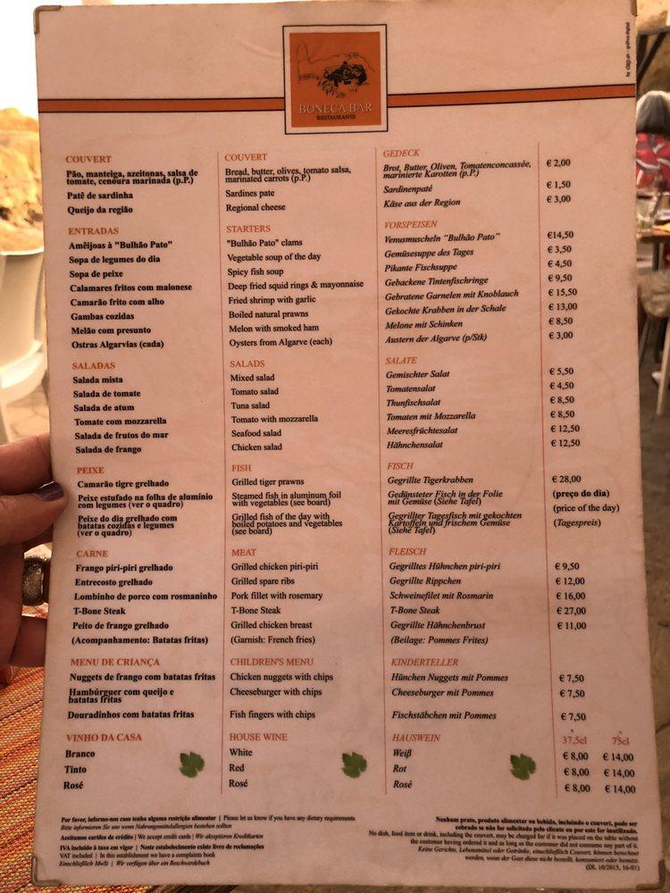 Menu at Boneca Bar, Carvoeiro, Portugal