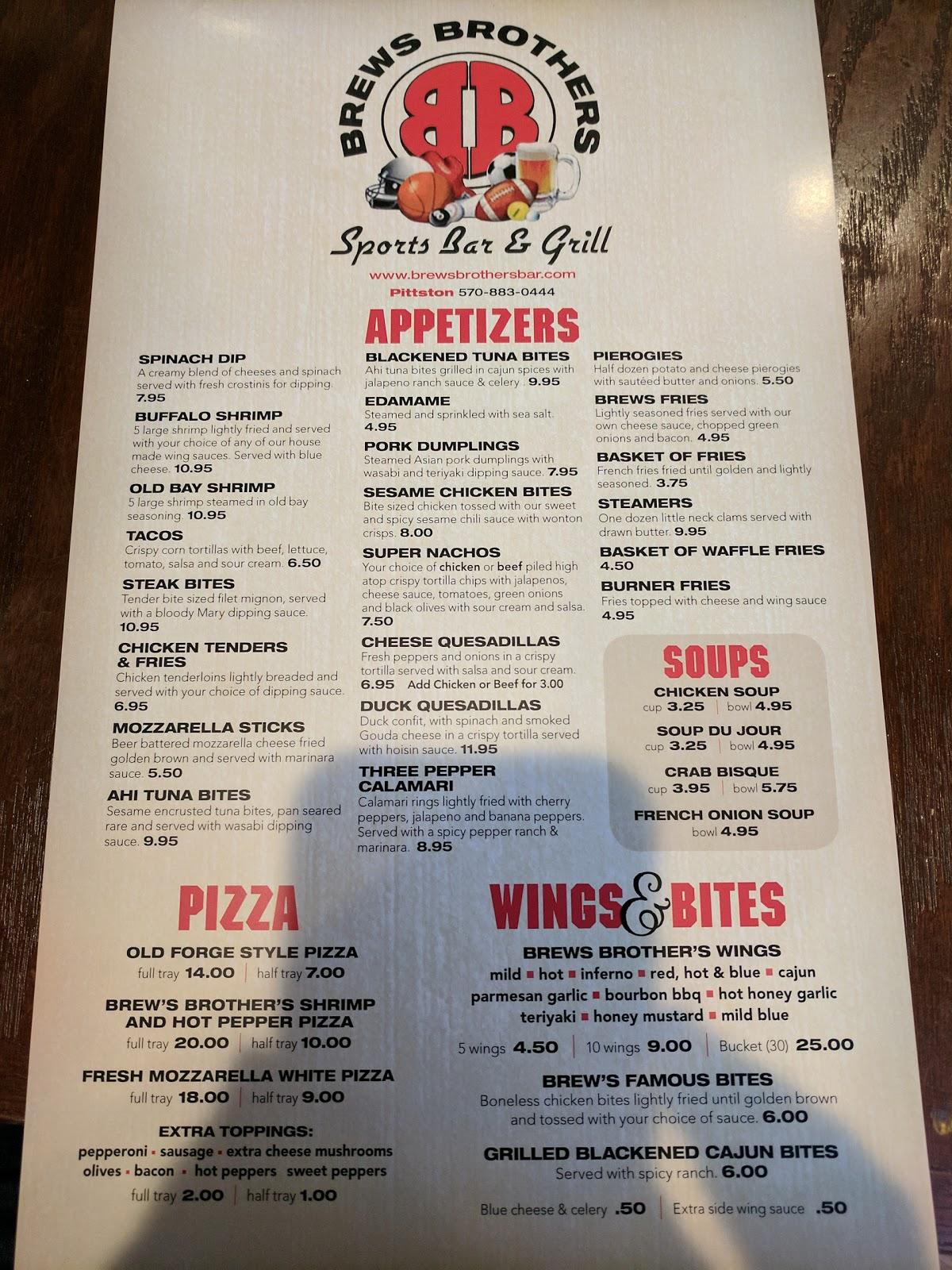 Menu at Brews Brothers pub & bar, Pittston, River Rd