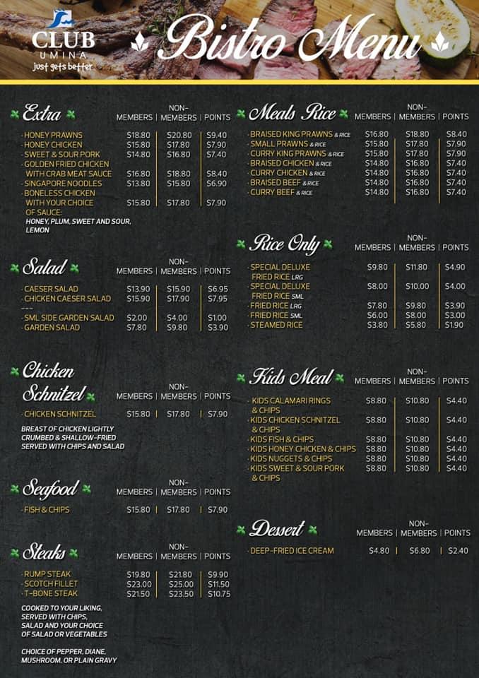 Menu at Club Umina, Umina Beach